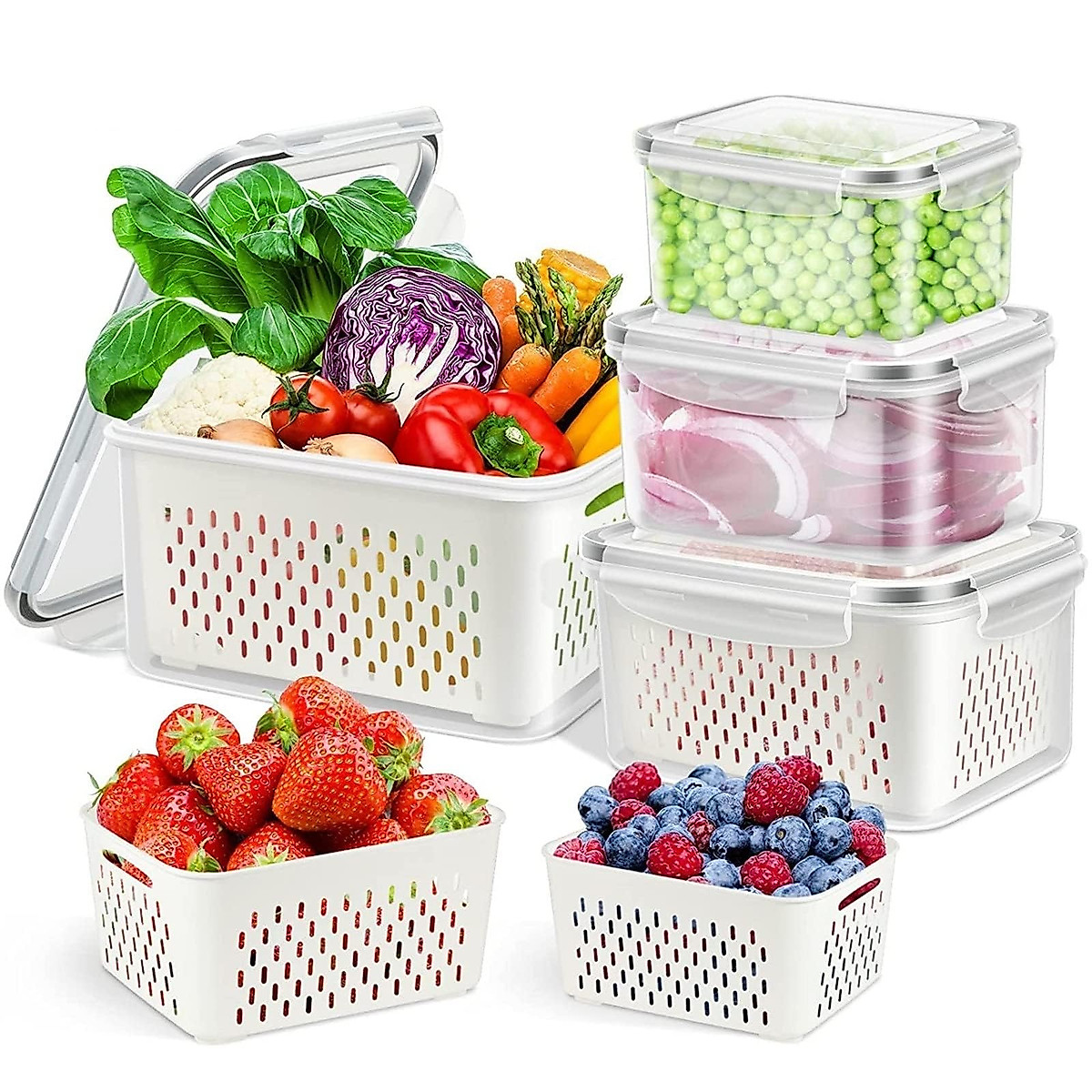 Fruit Storage Containers For Fridge,Fridge Organizers and Storage Include Drain Baskets & Lid,Food Storage Containers for Salad Berry Lettuce Food Meat Fish Celery