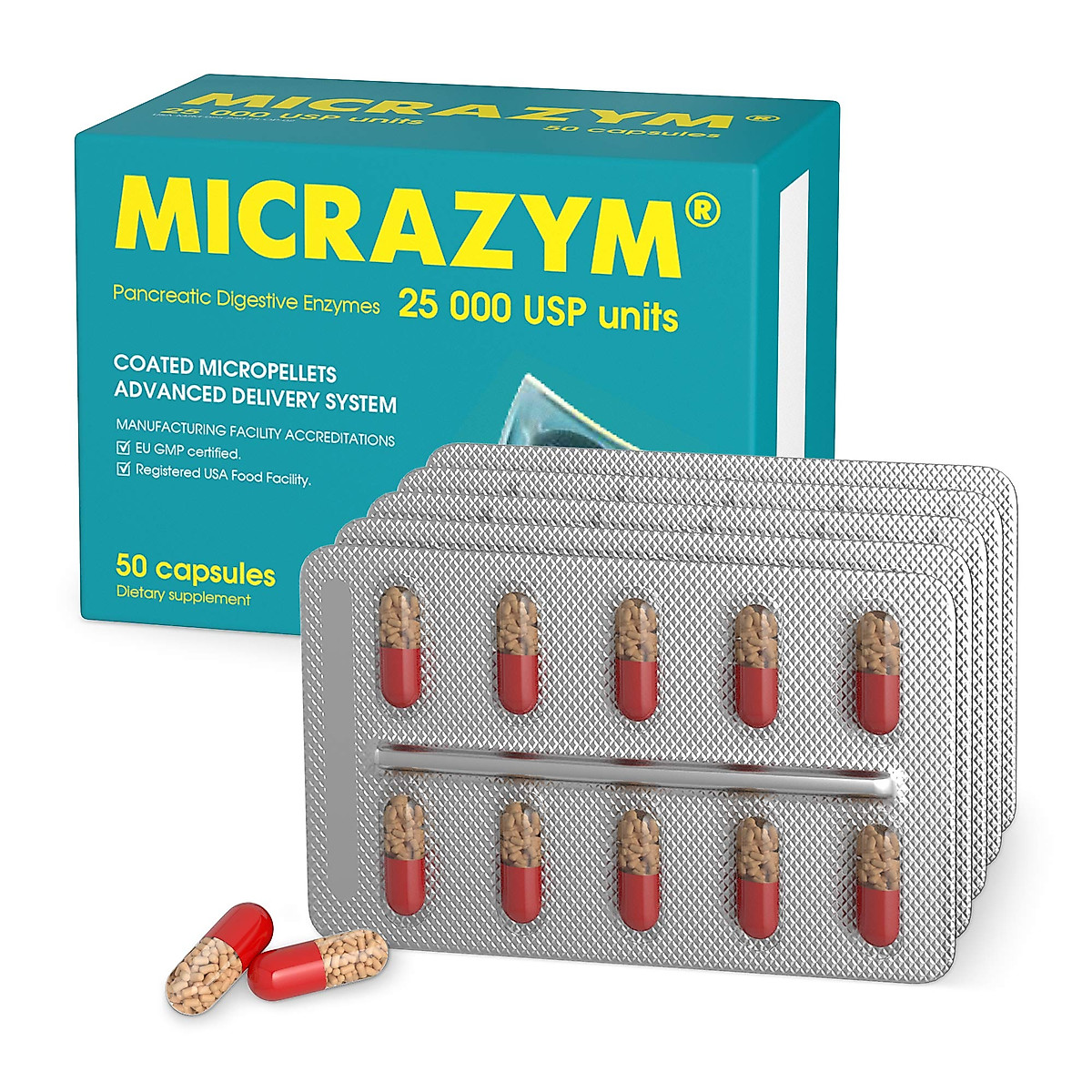Micrazym AVVA Pharmа Pancreatic Enzymes - 25,000 USP Effective Pancreatic Enzyme Supplements - Digestive Enzymes for Digestion - 50 Fast-Acting Capsules with Amylase, Lipase and Protease