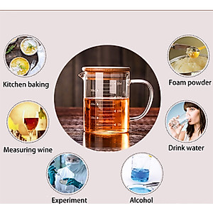 KINNOSE Graduated Beaker Mug with Handle and Durable Bamboo Lid Borosilicate Glass Multi-Function Food Grade Measuring Cup 350ML