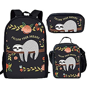 Coloranimal 3 Piece Set School Backpacks for Children Funny Floral Sloth Bookbag+Insulated Food Box+Zip Closure Pencil Case