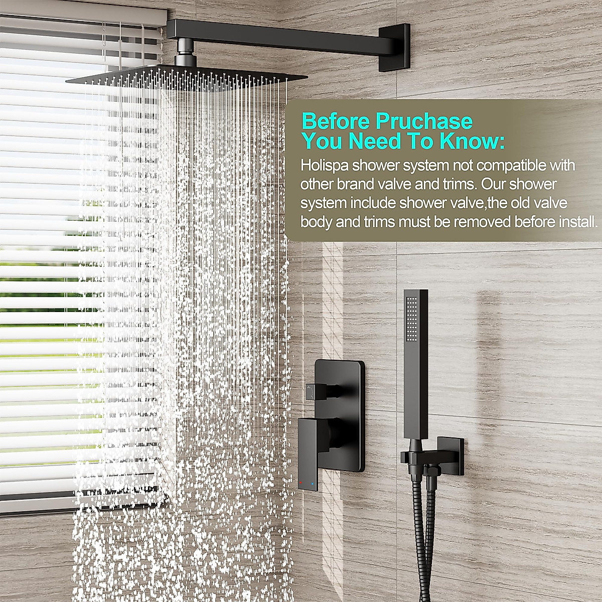 HoliSpa Black Shower System, Shower Faucet Set with 10-Inch Rain Shower Head and Handheld, Wall Mounted High-Pressure Shower Head Set, Shower Combo Set with Shower Valve and Shower Trim, Matte Black