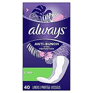 Always Anti-Bunch Xtra Protection, Panty Liners For Women, Light Absorbency, Long Length, Leakguard + Rapiddry, Unscented, 40 Count