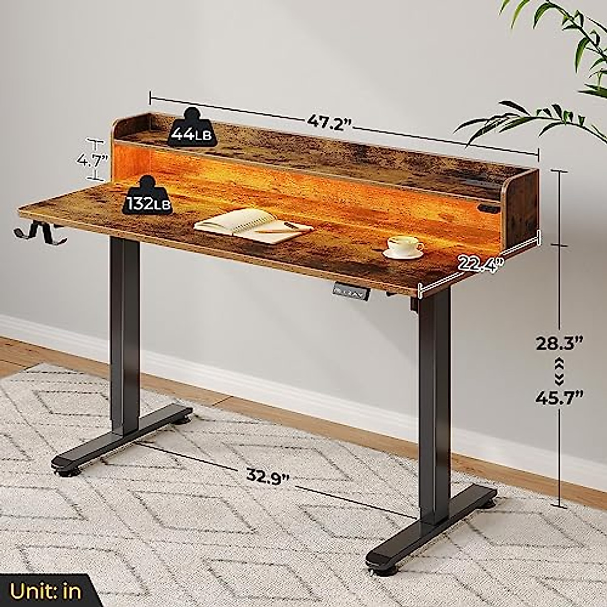 Rolanstar Standing Desk with LED Lights & Charging Station, 47.2" Height Adjustable Desk with Monitor Stand, Electric Gaming Desk with 2 Headphone Hooks, Sit Stand Home Office Desk, Rustic Brown