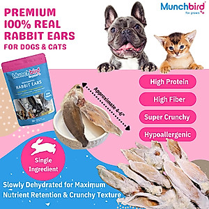 Munchbird Dehydrated Rabbit Ears (3.5 oz, 12-15 Counts) for Dogs & Cats, European Furry Rabbit Ear Natural Fiber for Dogs, Rawhide Free Alternative to Pig Ears for Dogs, Ear Size Varies