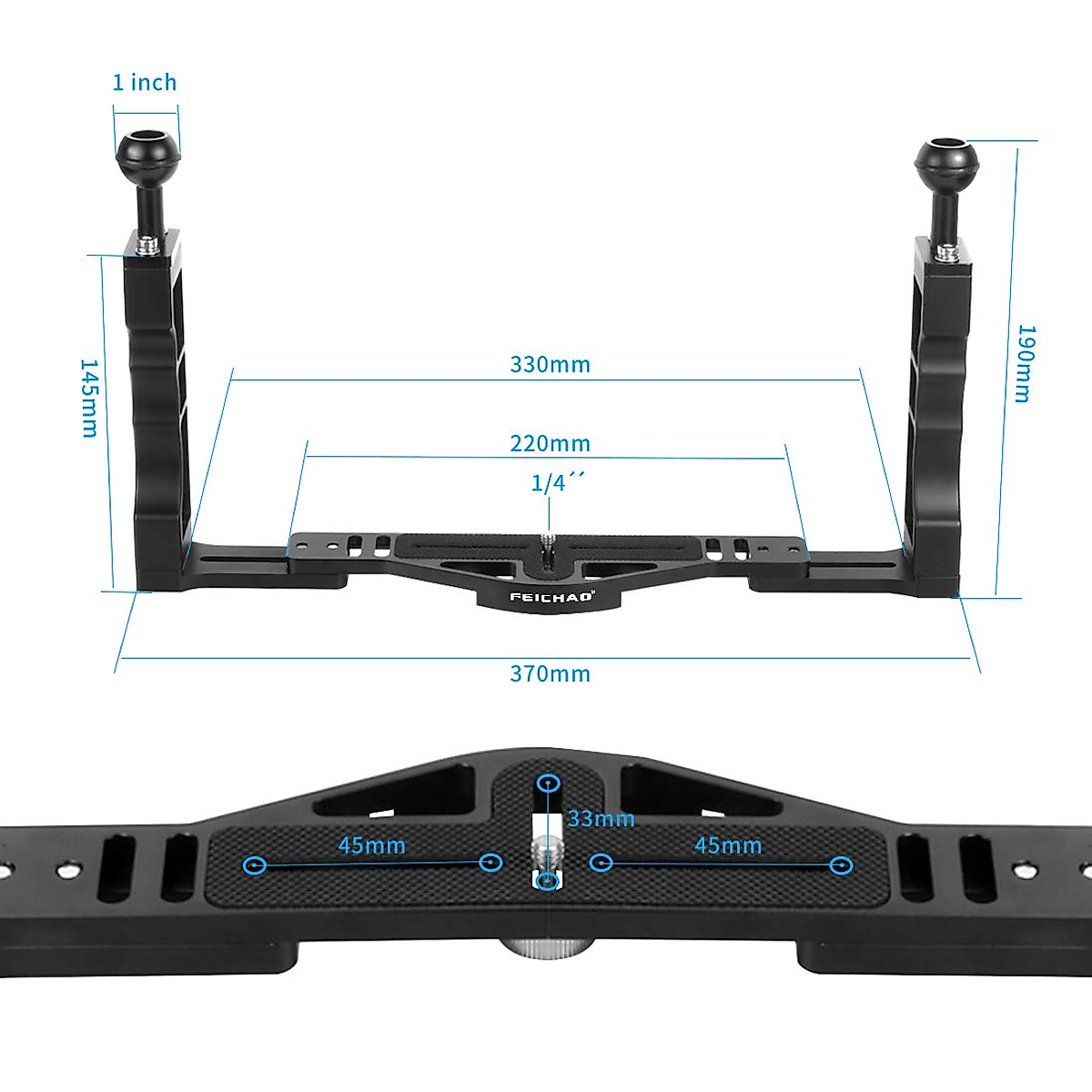 FEICHAO BQSZJ-3-B CNC Diving Handle Tray Upgraded Base Bracket Dual Handheld Hand Grip Rig Compatible for Action DSLR Camera Video Waterproof Case (Black)