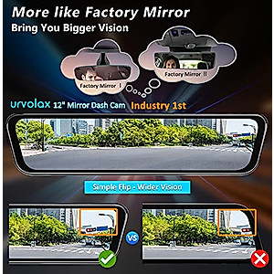 URVOLAX OEM 12" Mirror Dash Cam Voice Control,Car Backup Rear View Mirror Camera with Detached Front Lens,1296P Full HD Digital Rearview Dual Split Screen,Night Vision,Parking Assist,GPS