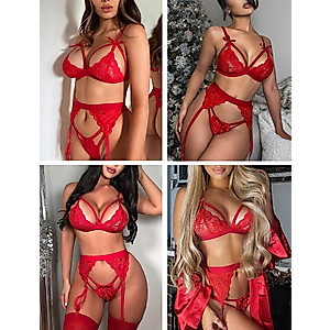 Avidlove Women Lingerie Set Lace Teddy Strap Babydoll Bodysuit with Garter Belts Red Medium