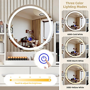 HDDDZSW Vanity Desk with Mirror and Lights, Make up Vanity Desk with Charging Station and 2 Drawers, Dressing Table with 3-Lighting-Modes Makeup Mirror, White Vanity Makeup Table for Bedroom