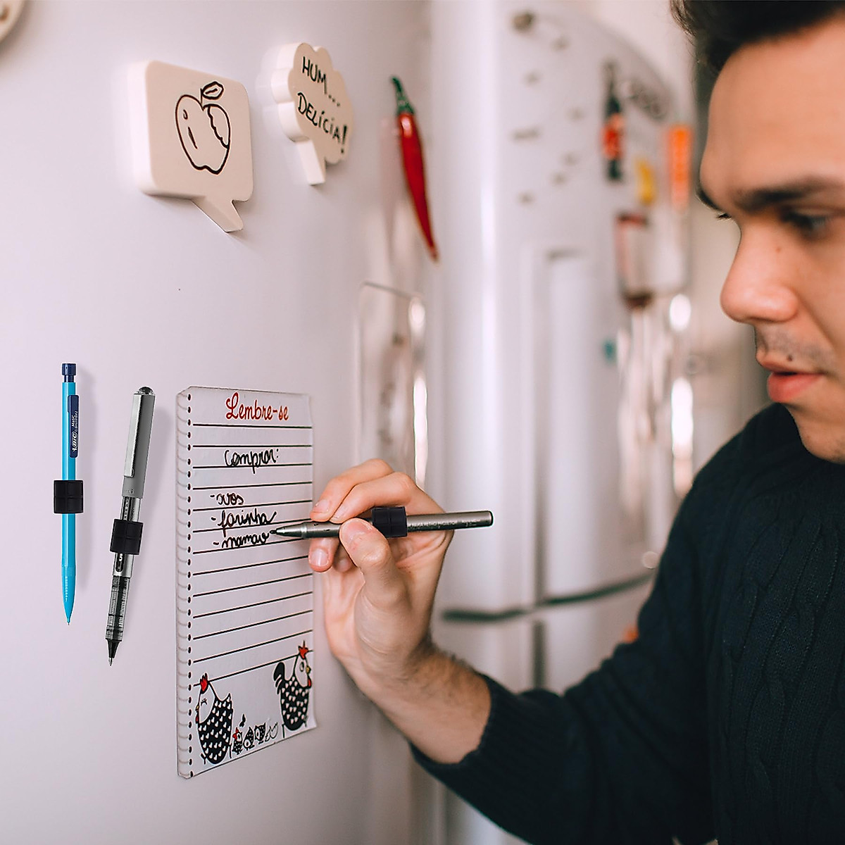 4 Pack Magnetic Pen Pencil Holder - Silicone Adjustable holder fit most pens pencils, Great for Fridges, Whiteboards, Workshops,Offices,Classrooms and Kitchens（Black）