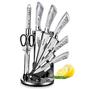 Velaze Knife Set with Block, 8 Pieces Stainless Steel Kitchen Knife Set with Spinning Block, Professional Chef Bread Knife Paring Knife Scissor Set, Built-in Sharpener, Grey…