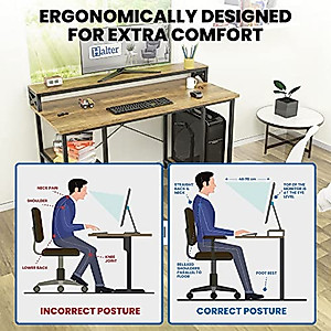 Halter Wood Computer Desk with Monitor Shelf, 55 inch Industrial Studio Gaming Desk with Storage, Dual Monitor Stand, Home Office PC Desk, Modern Rustic Compact Writing Desk, Walnut and Black