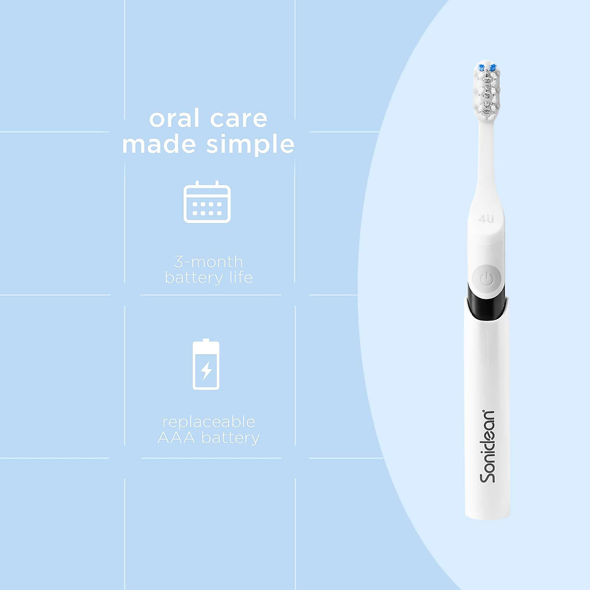 Soniclean 4U Sonic Electric Toothbrush for Adults, Black, Battery Powered, Dual Cleaning Modes, Refillable Brush Heads, Multi-Use Travel Cover
