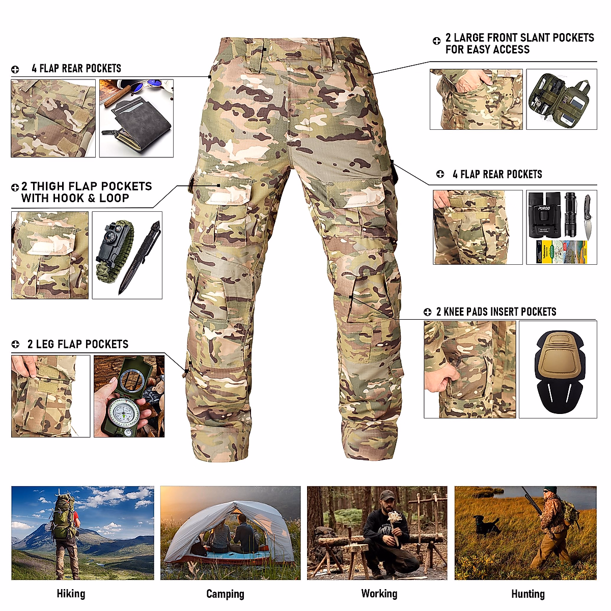 OCANXUE Tactical Pants Camo Cargo Pants for Men Outdoor Hiking Pants Ripstop Work Pants Multi Pocket Pants No Belt No Knee Pads CP Camo 38
