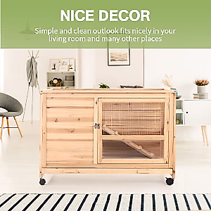 YOLENY Rabbit Hutch, Wooden Small Animal Cage, Bunny Hutch Indoor Rabbit Cage, Outdoor Guinea Pig Cage Hedgehog Cage, Removable Tray, Safety Lock, Galvanized Mesh Wires, Access Ramps