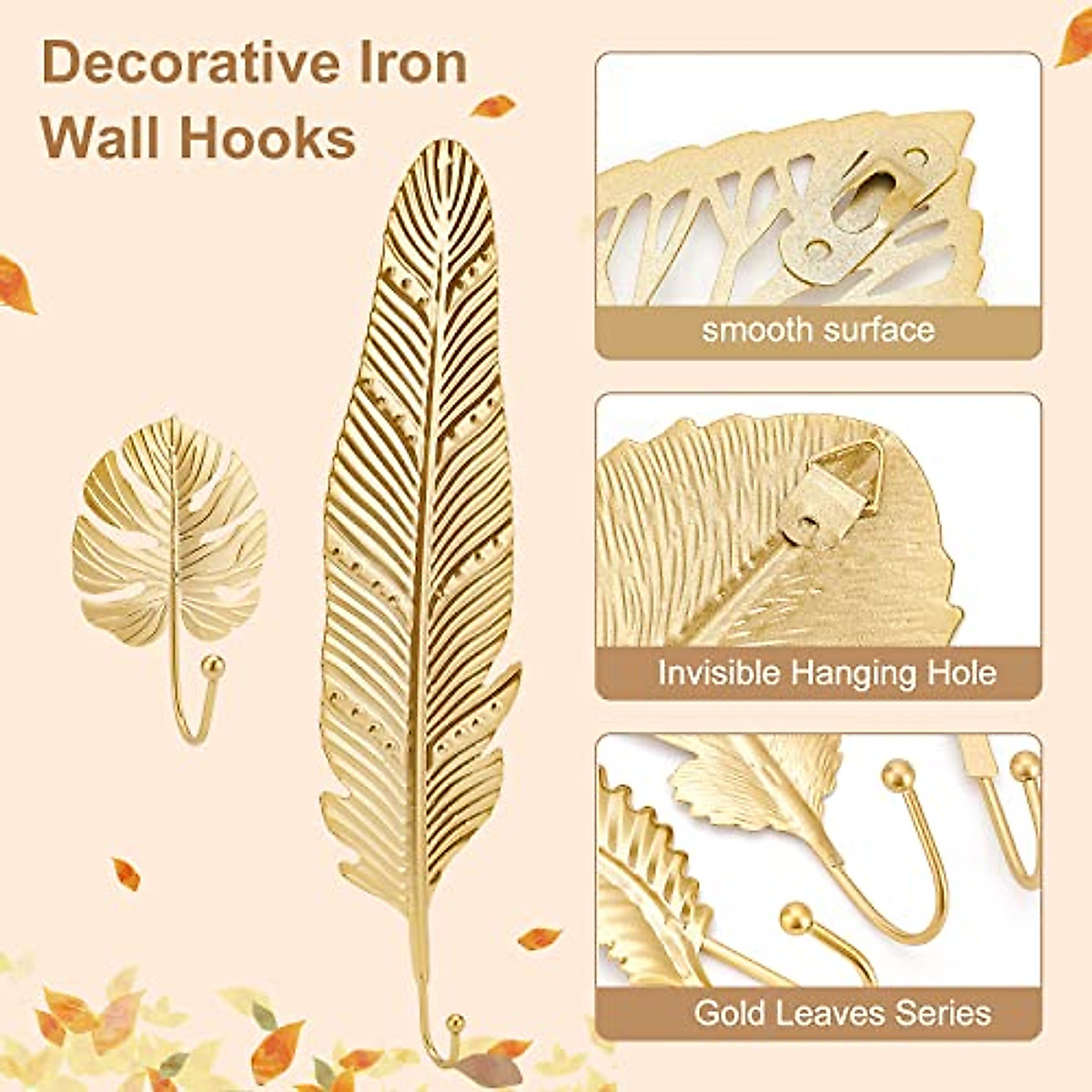 BENECREAT 9pcs Decorative Leaves Iron Hooks, 9 Style Feather/Maple Leaf Wall Mounted Hangers Gold Coat Hooks for Hanging Key, Towel, Coat, Photo Frame, Hat, Bag and Umbrella
