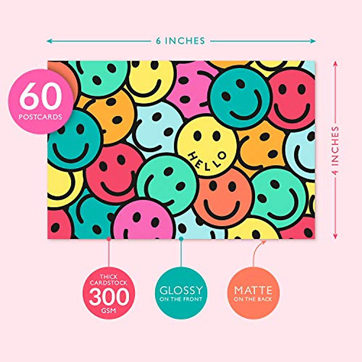 Sweetzer & Orange Hello Postcards Pack (60 Post Cards) 4x6 Postcards for Kids and Adults. 300gsm Note Cards. Blank Hello Greeting Cards, Smiley Face Hello Cards