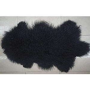 Genuine Tibetan/Mongolian Lambskin Sheepskin Hide Pelt Throw Area Rug Plate Wool Carpet Curly Sheep Fur in Bedroom, Living Room 3.5x2Ft (Black)