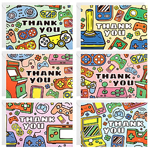 JOELELI 24 Pack Video Game Kids Thank You Cards with Envelope, Funky Gaming Bulk Thank You Notes Small Cute Blank Notecards Greeting Cards Varied Gratitude Card for Kids Birthday Baby Shower