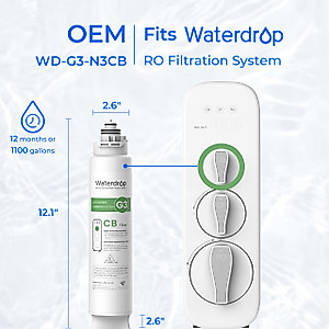 Waterdrop G3 Replacement Filter, Replacement for 𝐖𝐃-𝐆𝟑-𝐖 𝟒𝟎𝟎𝐆𝐏𝐃 Reverse Osmosis System, Pack of 1 WD-G3-CF Filter, 1 WD-G3-CB Filter, and 1 WD-G3-N2RO Filter