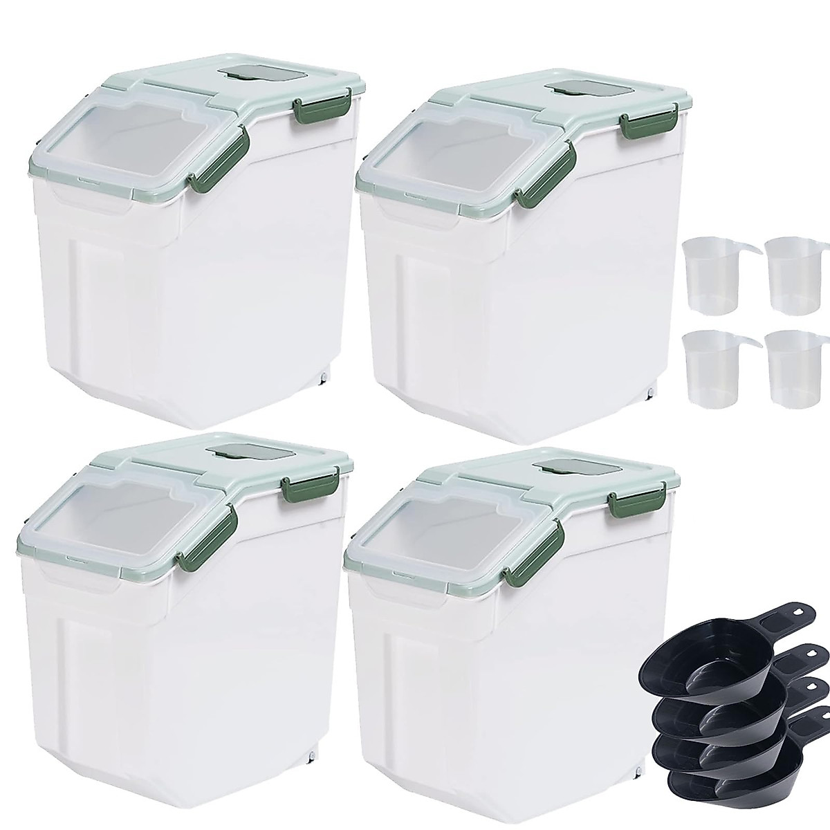 Saim Flour Storage Containers 25 lbs, 4Pack Airtight Rice Storage Containers with Wheels, Plastic Rice Dispenser with Measuring Cup, Scoop for Flour, Rice, Grain, Cereal, Pet Food Organizer (Green)