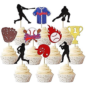 Rsstarxi 30 Pack Baseball Cupcake Toppers with Glitter Trophy Baseball Players Sports Ball Cupcake Picks Decor for Baseball Sport Theme Baby Shower Kids Birthday Party Cake Decorations