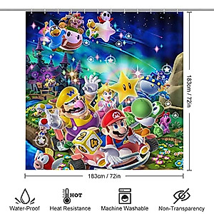 Cartoon 𝐒𝐮.𝐏𝐞𝐫 𝐌𝐚.𝐑𝐢𝐨 4 Piece Bathroom Set,𝐁.𝐑𝐨𝐬 Waterproof Shower Curtains for Bathroom Set with Shower Mat Non Slip & Toilet Lid Cover and U Shower Mat
