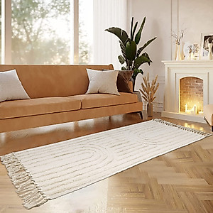 Lanffia Boho Runner Rug 2x6, Beige Bathroom Runner Washable Tufted Rainbow Rug with Tassels Indoor Farmhouse Neutral Floor Carpet for Kitchen Hallway Laundry Doorway Bedroom Living Room