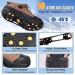 Ice Snow Cleats for Shoes Boots,Walk Traction Cleats Rubber Crampons Anti Slip 10-Stud Winter Ice Cleat Slip-on Stretch Footwear for Women Men Kids