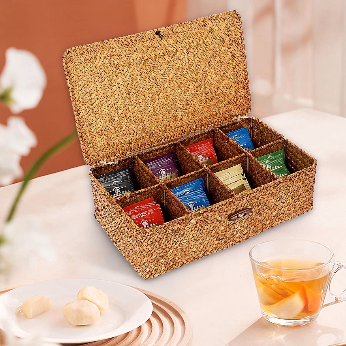 ELLDOO Tea Bags Box with Lid, Wicker Rattan Sugar Packet Holder Coffee Station Condiment Organizer Countertop Storage Desk Baskets for Pantry Coffee Bar Shelves, 8 Grids