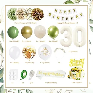 GYESXYW Sage Green 30th Birthday Decorations for Women, Olive Green and Gold 30th Birthday Decorations Set, Happy Birthday Banner, Birthday Sash, Crown, Confetti Balloons for Her Women Party Supplies