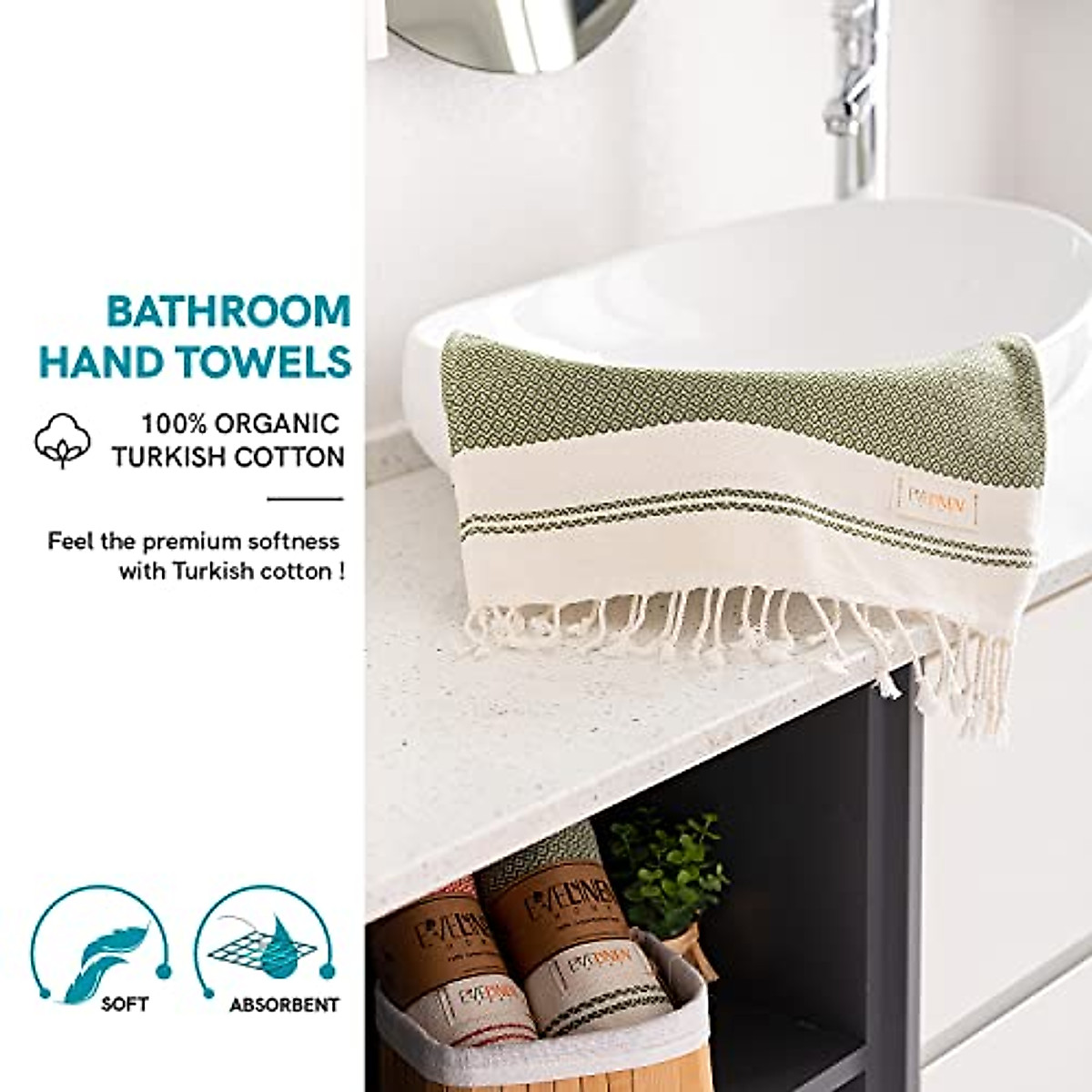 Evelynen Turkish Hand Towels for Bathroom & Kitchen Towels Decorative Set of 2 | Boho Farmhouse Hand Towels with Hanging Loops for Face, Tea, Dish, Kitchen & Bath |0 Cotton (16" x 32" - Khaki)