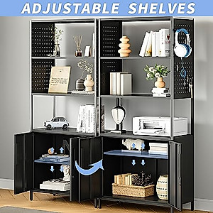 Yizosh 5-Tier Bookshelf, Tall Bookcase with Doors, Industrial Display Standing Shelf Units with Lock & Pegboard, Metal Storage Shelves for Living Room, Bedroom, Home Office (Black)