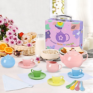 Porcelain Tea Party Set for Little Girls, 22 Pcs Princess Tea Time Toy Including Teapot,Saucers,Teacups,Sugar Bowl,Creamer Pitcher,Spoons & Tablecloth, Kids Kitchen Pretend Play for Girls Boys