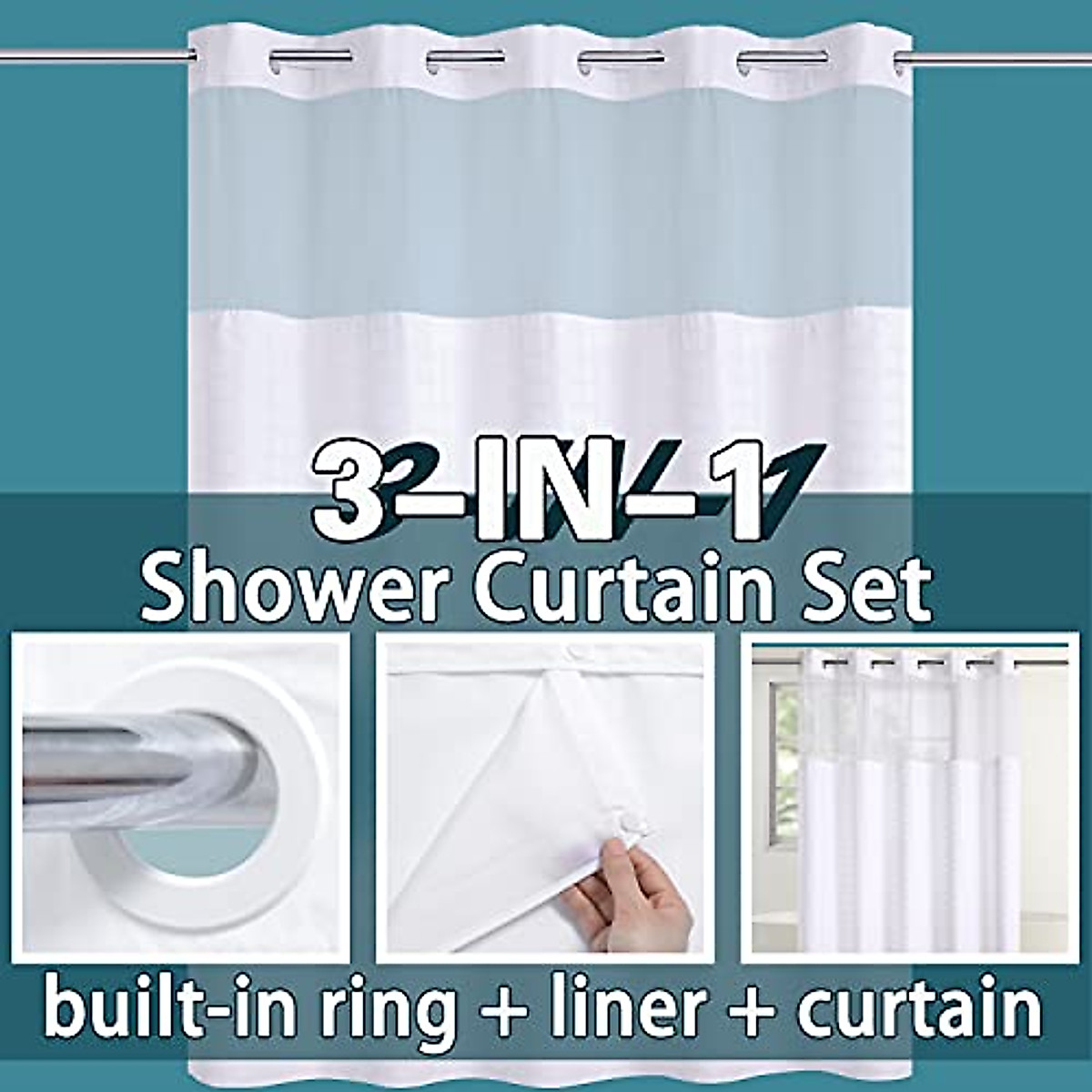 Conbo Mio Hotel Grade Fabric Shower Curtain with Snap in Liner for Bathroom with See Through Top Window, Spa, Machine Washable, Shower Curtain (Check-White,71Wx74H)