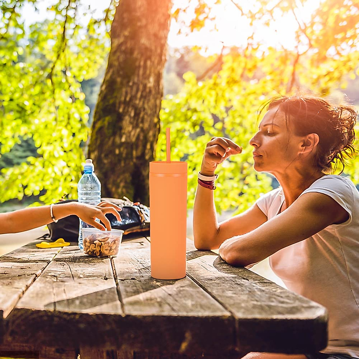 PHEZEN 450ml Double-layer Plastic Water Bottle Sealed Insulated Water Bottle Lid with Straw Portable Sports Water Bottle Reusable Leak Proof Flask for Sports Gym Home Office for Children Men Women