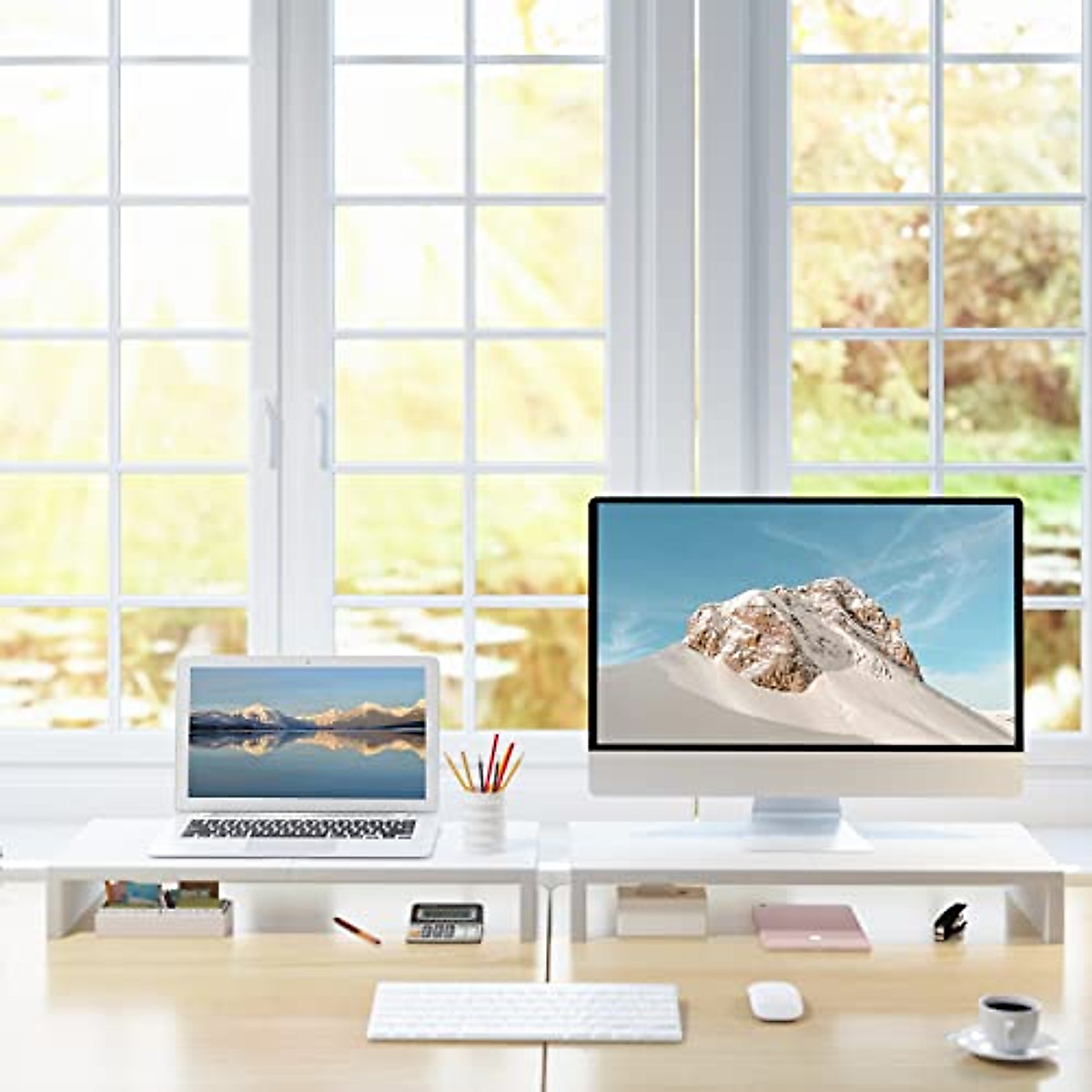 TEAMIX 2 Pack White Monitor Stand Riser-20 inch, Wood Monitor Stand for Desk, TV/Screen/PC/Printer/Laptop Riser, Computer Stand with Keyboard Organizer Desktop Stand, Monitor Riser…