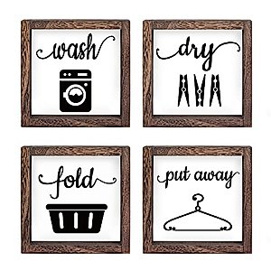 LIBWYS Laundry Sign Set of 4 Wash Dry Fold Put Away Decorative Rustic Handmade Wood Farmhouse Laundry Room Wall Decor (White)