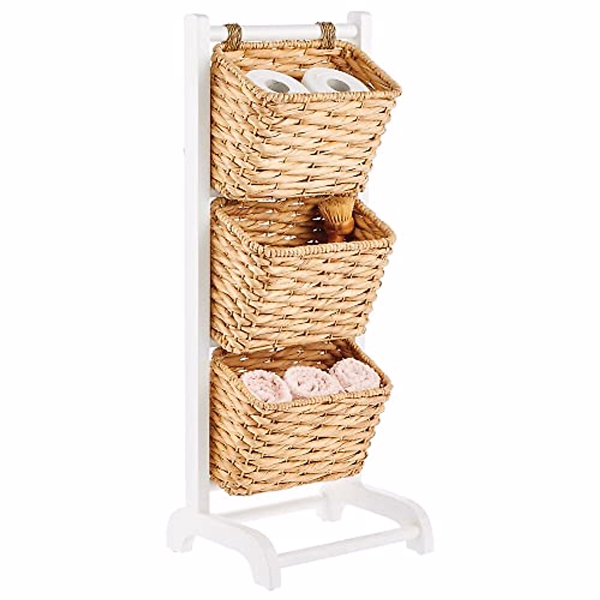mDesign Water Hyacinth 3-Tiered Storage Baskets Floor Stand with Market Basket Storage Bins - Vertical Standing Rack for Living Room, Laundry, Bedroom, Bathroom, Office Organization - White/Natural