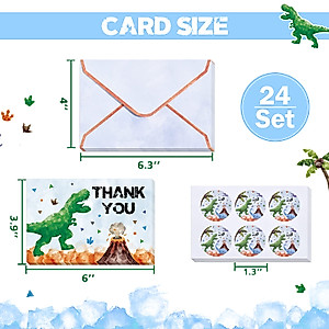 WERNNSAI Watercolor Dinosaur Kids Thank You Cards with Envelopes - Dinosaur Theme Party Supplies 24 Pcs Birthday Note Card with Dino Stickers for Boy Girl Fill in Blank Gift Cards 4'' X 6''