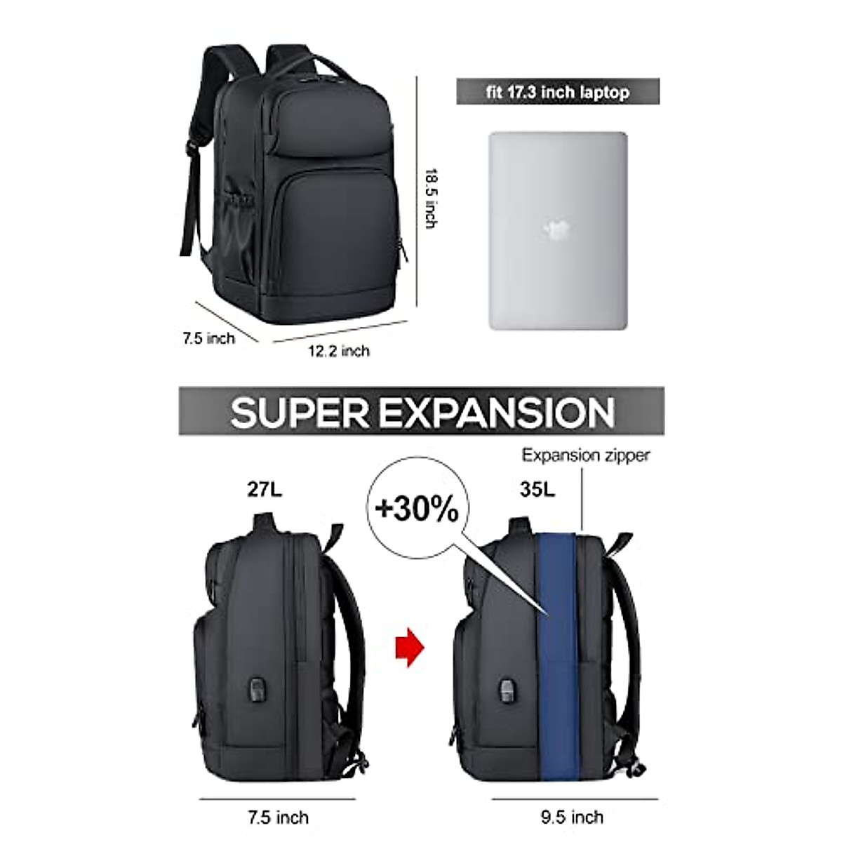 IPX Laptop Backpack Plus 17 Inch Travel Backpack Expandable Business Anti Theft Work Backpack with Laptop Compartment School Backpack with USB Charging Port Water Resistant Durable Bookbag for Men