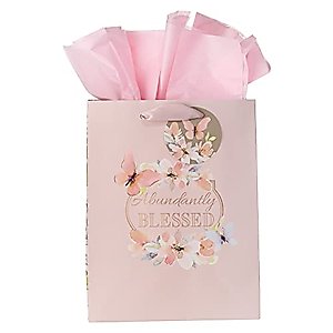 Christian Art Gifts Gift Bag/Tissue Paper Set Abundantly Blessed Deuteronomy 7:13 Bible Verse, Pink Butterfly, Medium