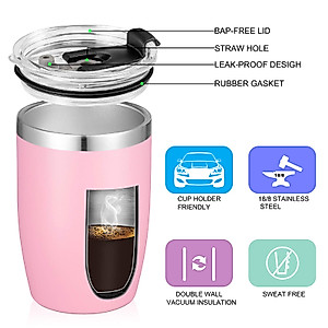 VEGOND Stainless Steel 12 oz Tumblers bulk Vacuum Insulated Double Wall Travel Tumbler with Lid and Straw Reusable Tumbler,Pink