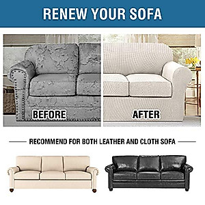 H.VERSAILTEX 4 Piece Stretch Sofa Covers for 3 Cushion Couch Covers for Living Room Furniture Slipcovers (Base Cover Plus 3 Seat Cushion Covers) Upgraded Thicker Jacquard Fabric (Sofa, Ivory)