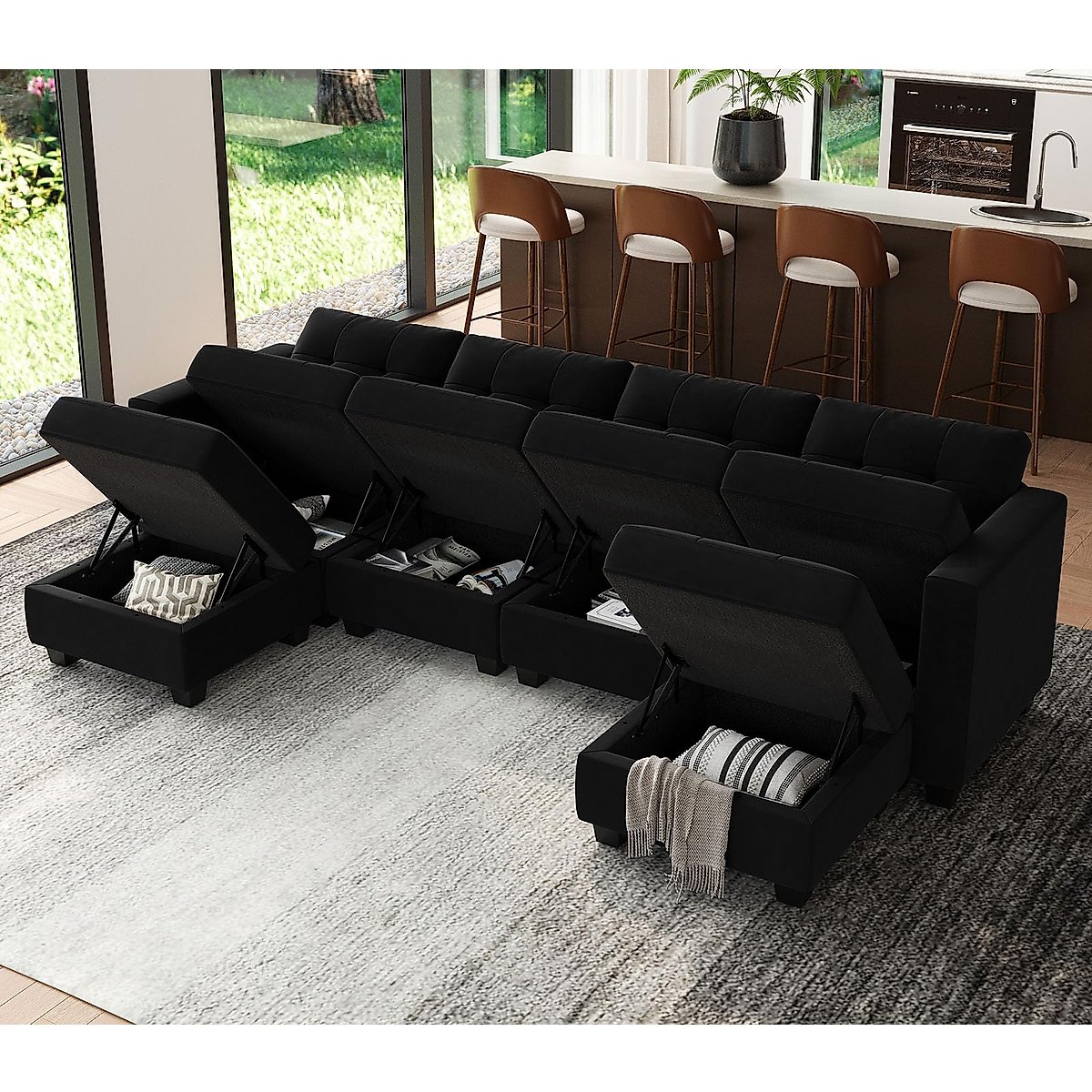 Belffin Modern U Shaped Modular Sectional Sofa with Storage Seats, 6 Seats Sleeper Couch with Reversible Chaise, Modular Oversized Sectional with Ottomans, Black
