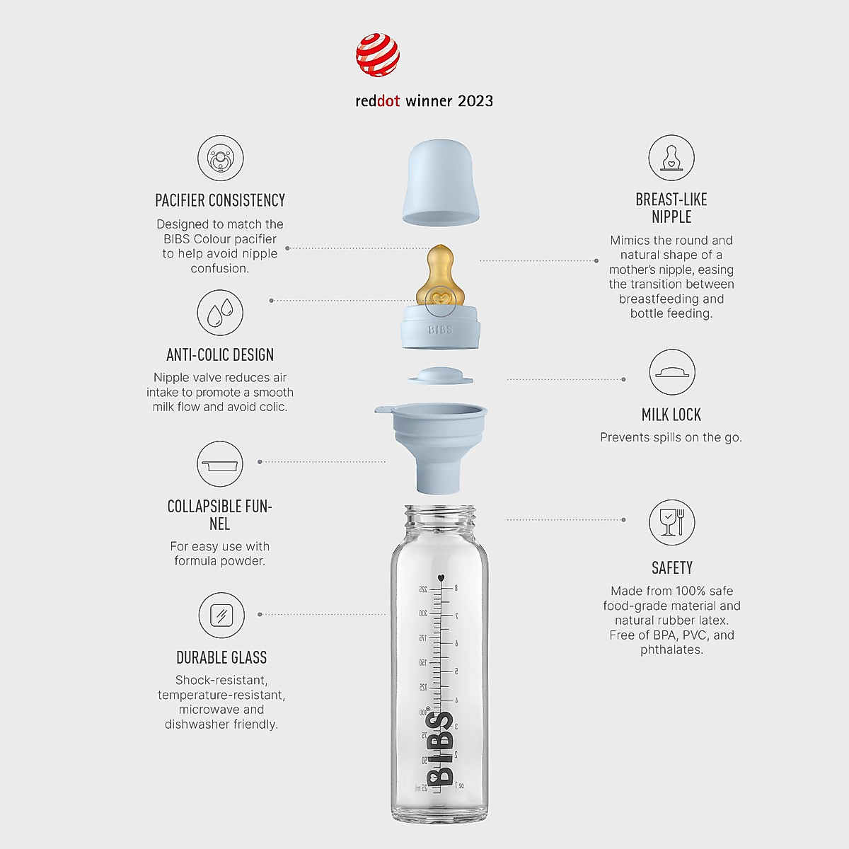 BIBS Baby Glass Bottle. Anti-Colic. Round Natural Rubber Latex Nipple. Supports Natural Breastfeeding, Complete Set - 225 ml, Baby Blue