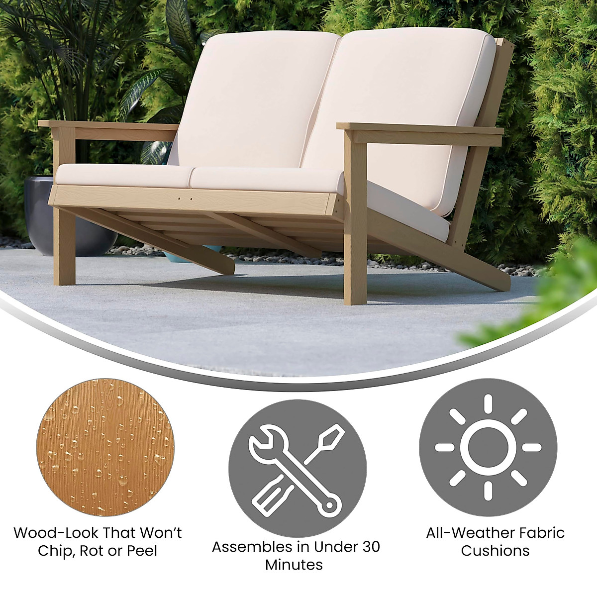 EMMA + OLIVER Hammond All-Weather Adirondack Style Loveseat - Natural Cedar Finish Polyresin Frame - Cream Cushions - Deep Seat - 300 lbs. Static Weight Per Seat