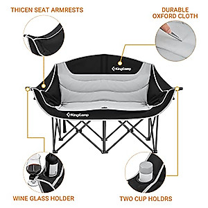 KingCamp Double Camping Chair Loveseat Heavy Duty for Adults Two Person Outdoor Folding Chairs with Cup Holder Wine Glass Holder Support 441lbs for Outside Picnic Beach Travel(Black)
