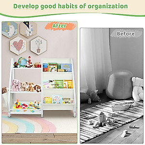 Kids Bookshelf and Toy Organizer, 3 Tier Book Shelf for Kids Rooms with Anti-Tip Straps and Non-Slip Feet, Eco-Safe Kids Bookcase for Playroom, Bedroom, Living Room, Nursery, School 29.5'' H (White)