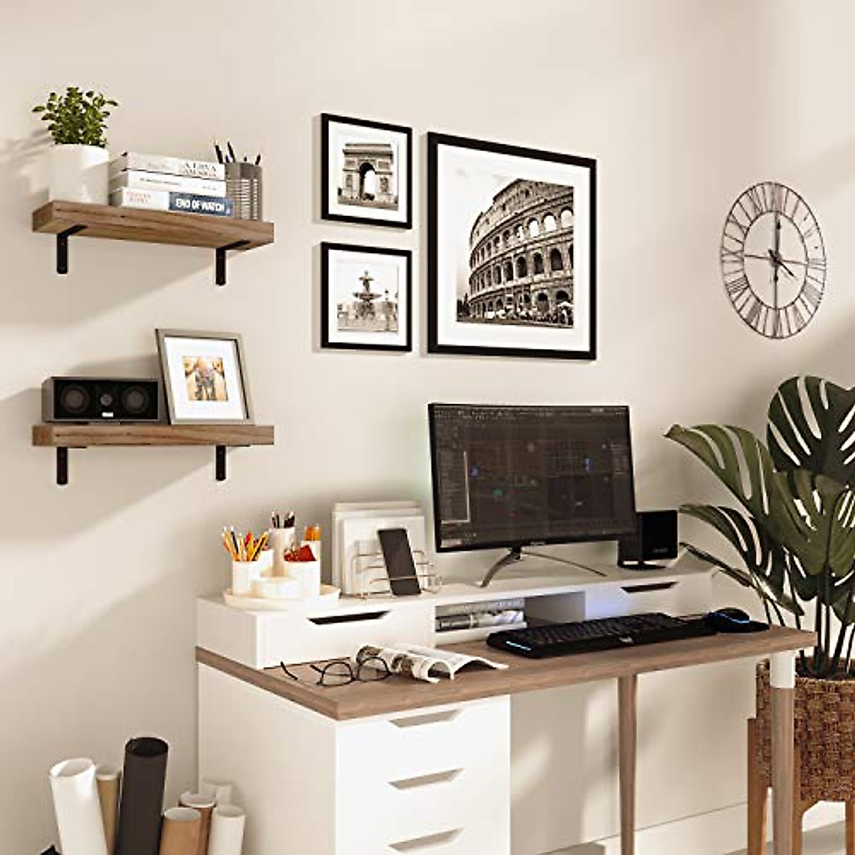 Wallniture Palma Wood Floating Shelves for Wall, Wall Shelves for Living Room Decor, Organization and Storage Set of 2 Natural Burned