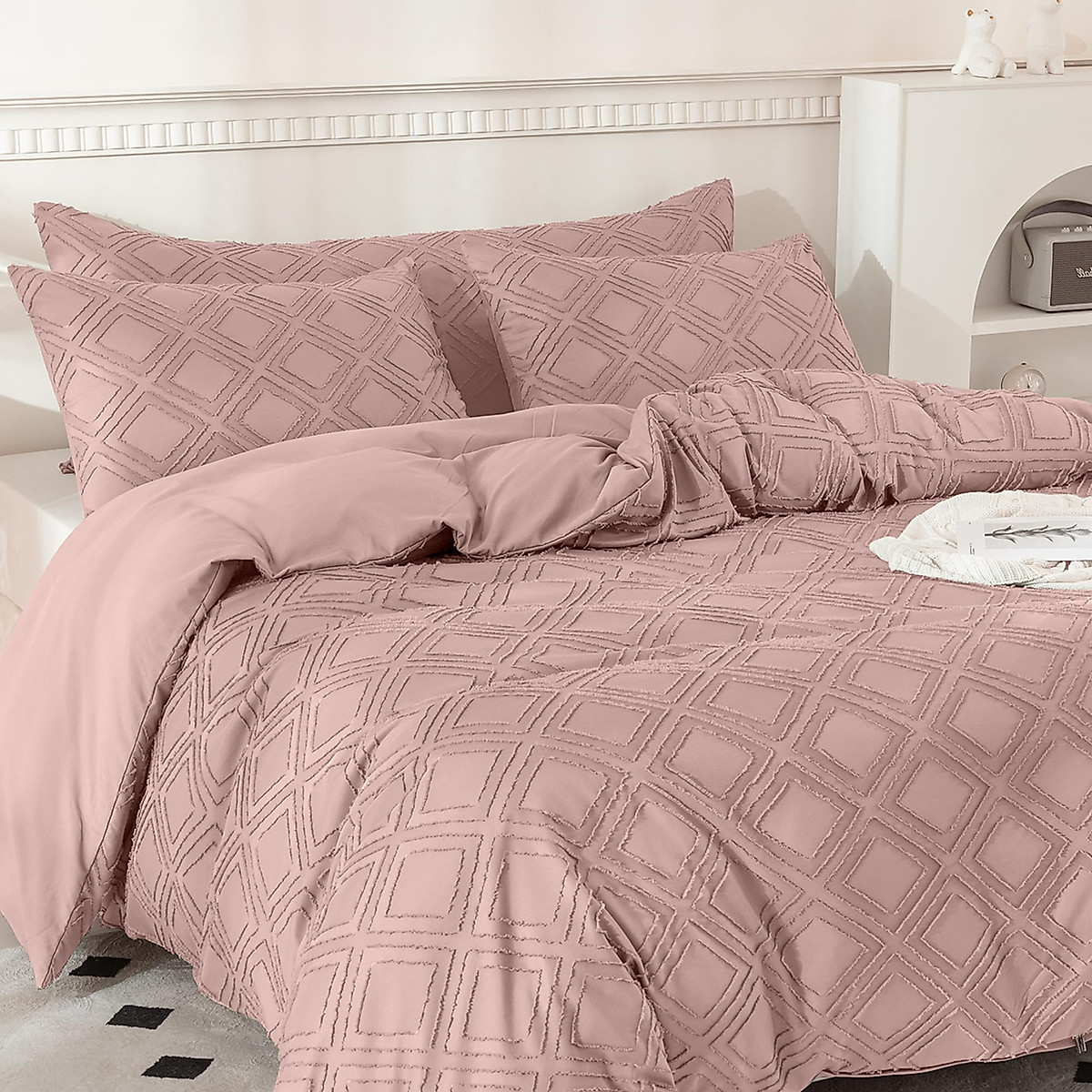 JELLYMONI Pink Duvet Cover King Size - Microfiber Tufted Duvet Cover Set, Boho Textured Duvet Cover Jacquard Rhombus Geometric Pattern Duvet Cover with Corner Ties & Zipper Closure